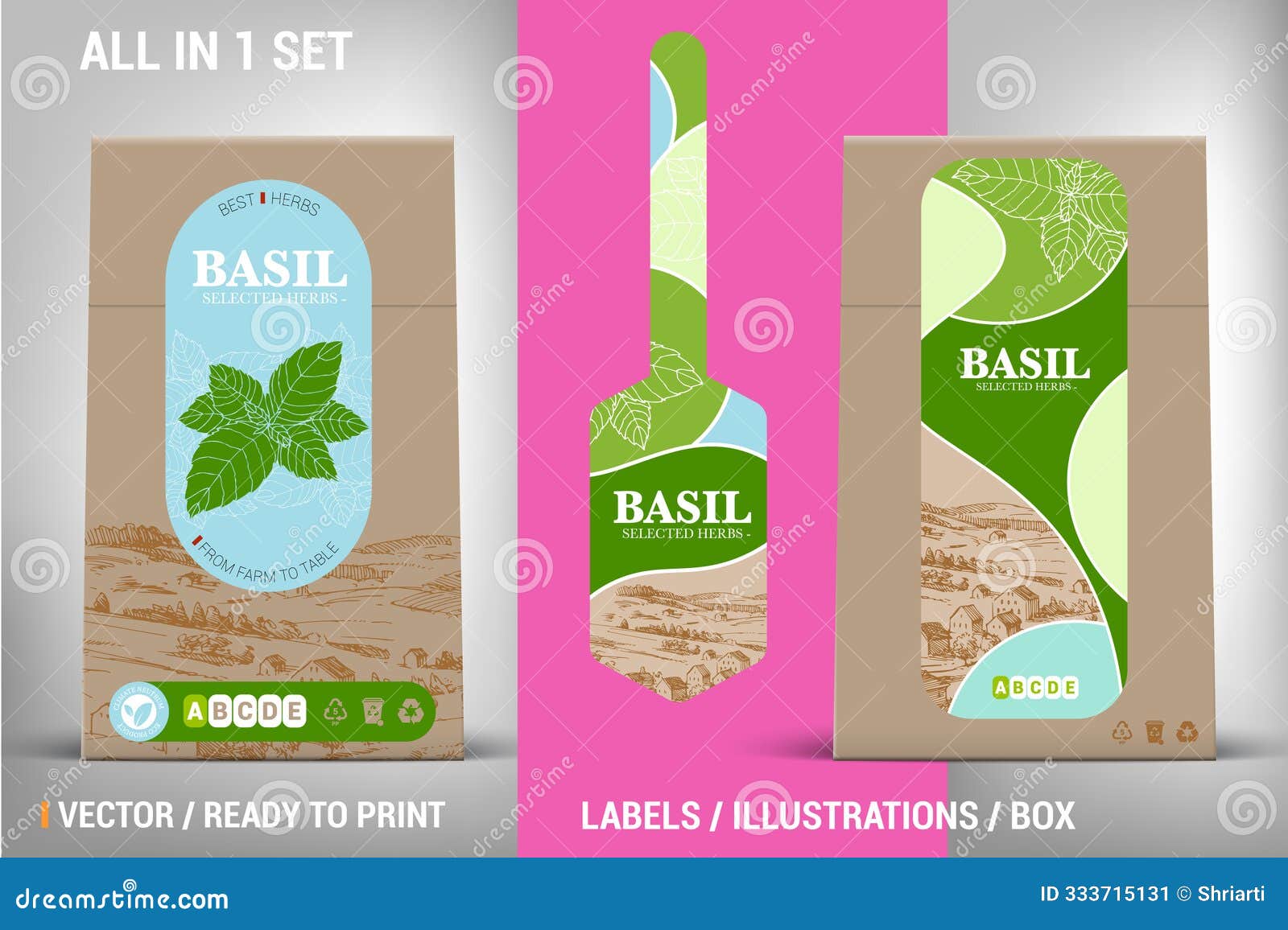Basil Packaging Design Set - Vector Illustration with Labels and Boxes ...