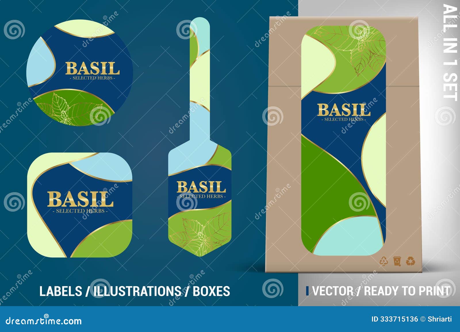 Basil Packaging Design Set - Vector Illustration with Labels and Boxes ...