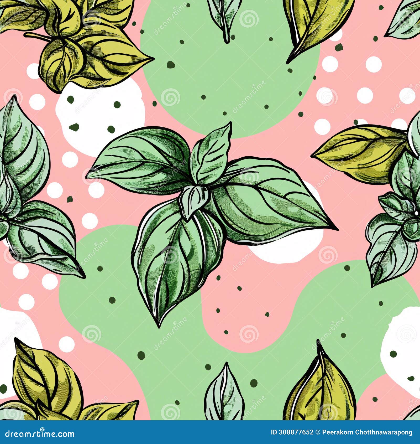 Basil Vegetable Seamless Patterns, Herbs and Spices Patterns Hand ...