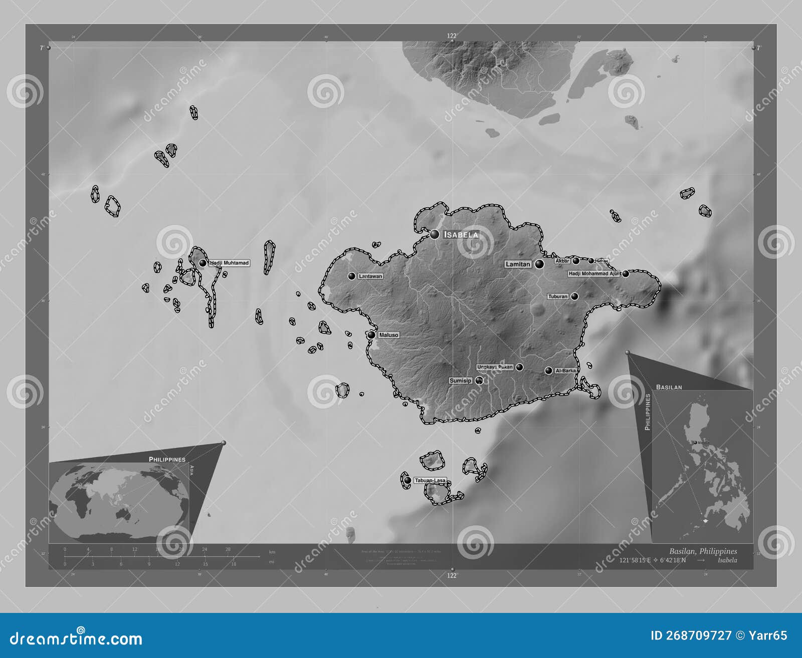 Basilan, Philippines. Grayscale. Labelled Points of Cities Stock ...