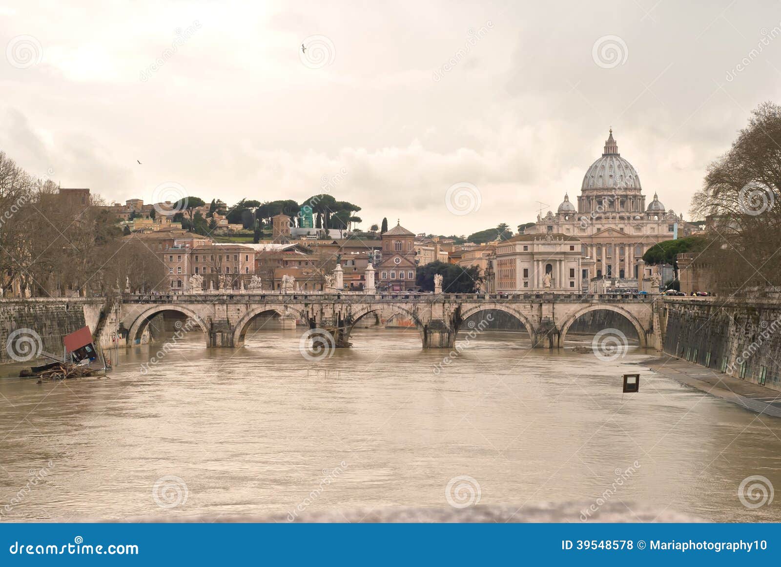 Basilica San Peter. Saint Angel Bridge and Tiber River Stock Photo ...