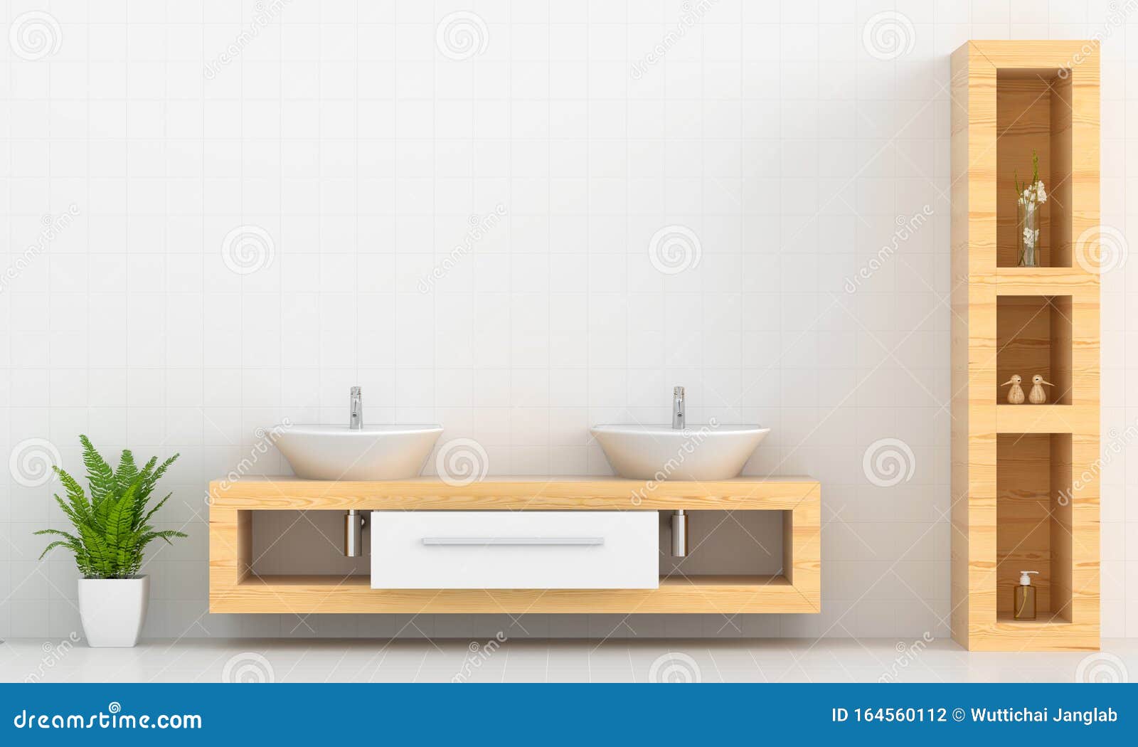 Basin on Wooden Shelf on Wall, 3D Rendering Stock Illustration ...