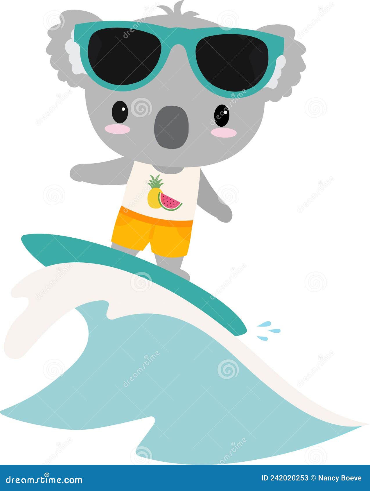 Koala Surfing on His Surfboard Riding the Wave on the Beach Stock ...
