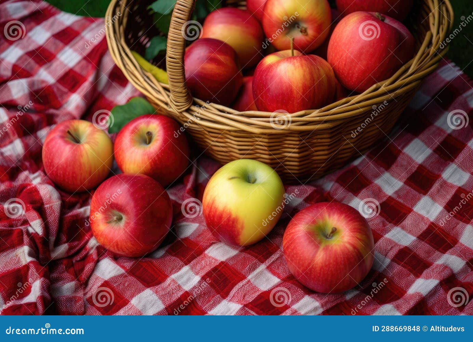 Basket of Apples with Leaves on a Picnic Blanket Stock Photo - Image of ...
