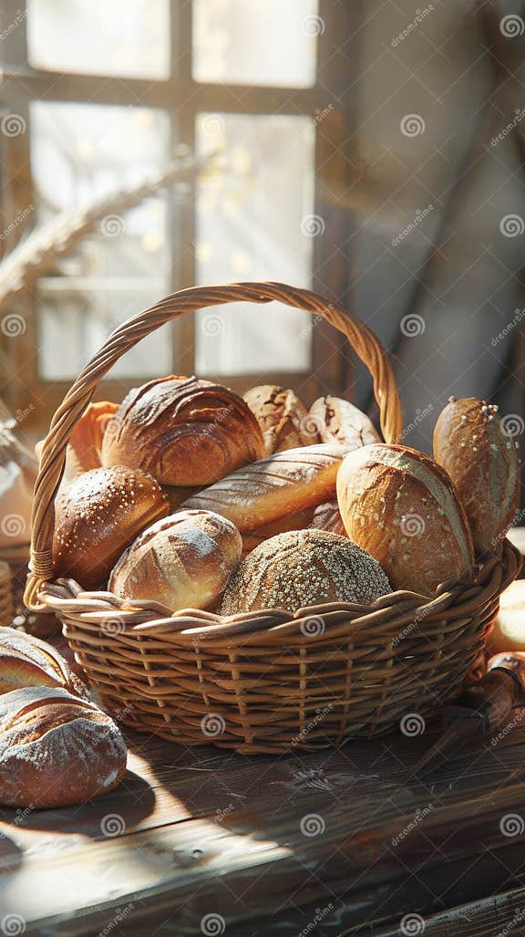 Basket of Assorted Freshly Baked Bread in Rustic Setting with Sunlight ...