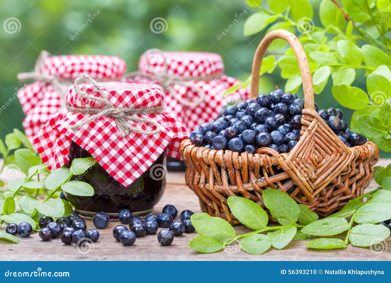 Basket with Blueberries and Jars of Jam. Stock Photo - Image of branch ...