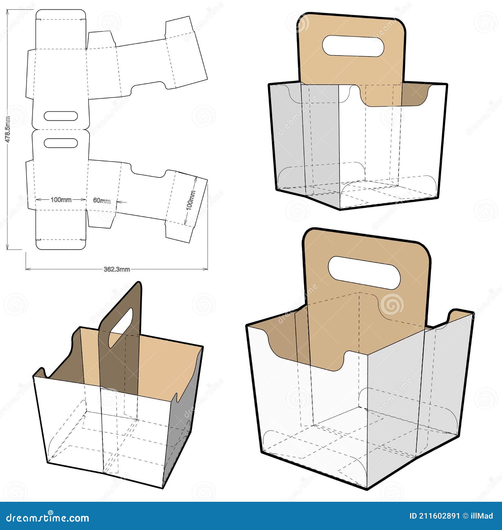 Basket Box Packaging with Handle and Die-cut Pattern. Stock Vector ...