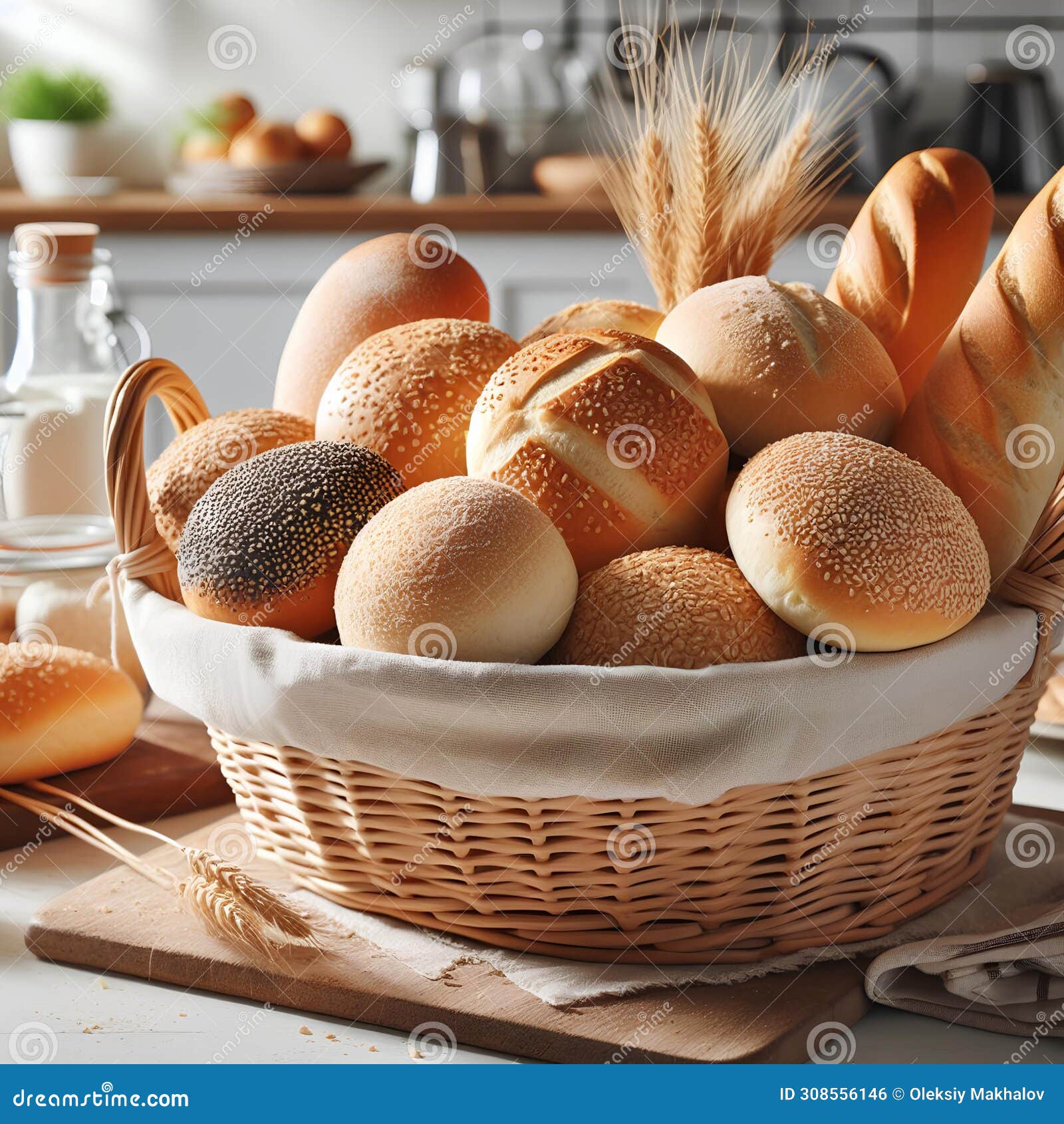 A Basket of Bread Rolls on a White Kitchen Counter Stock Illustration ...