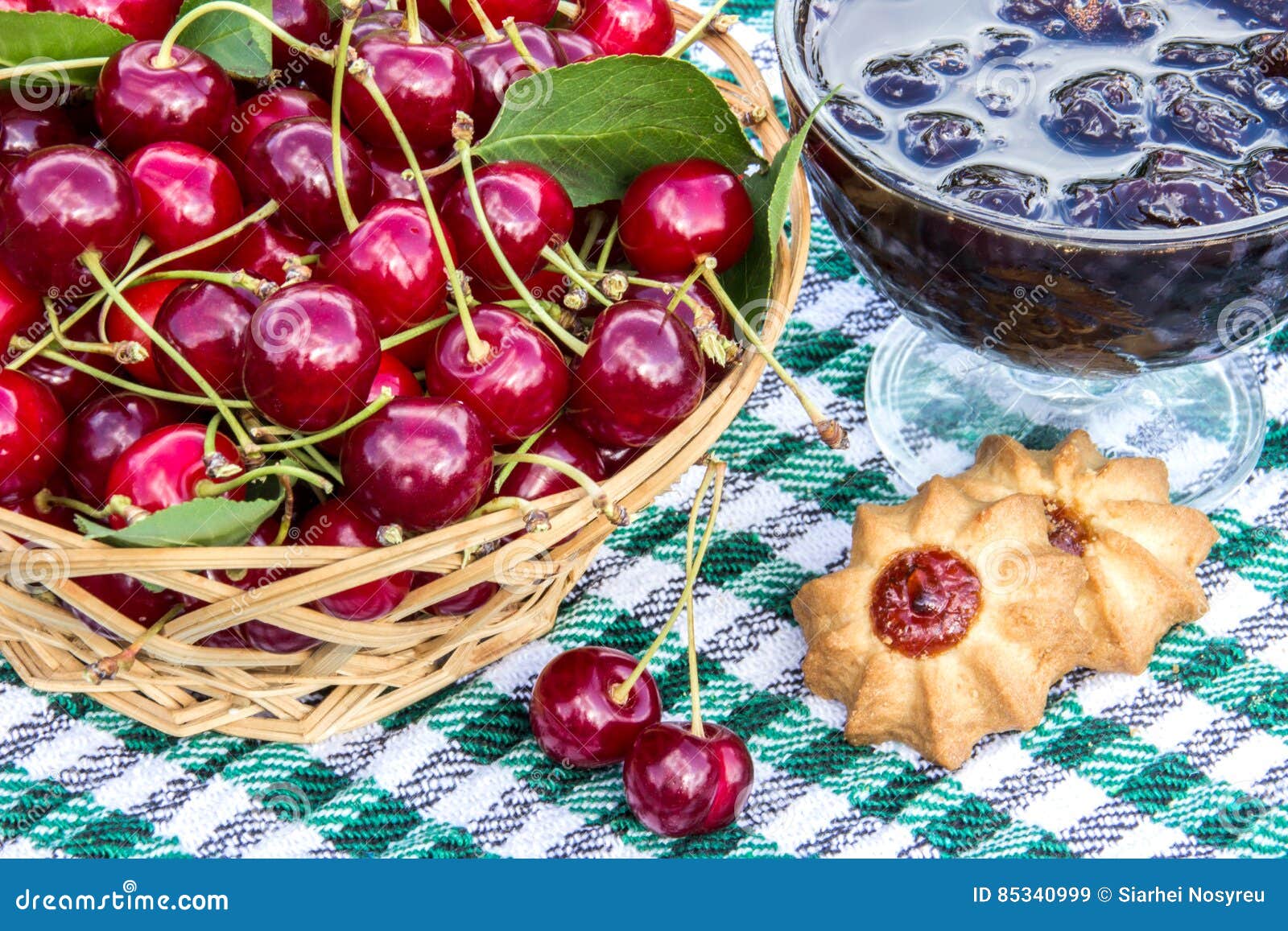 Basket of Cherries, Cherry Jam with Biscuit Stock Image - Image of ...