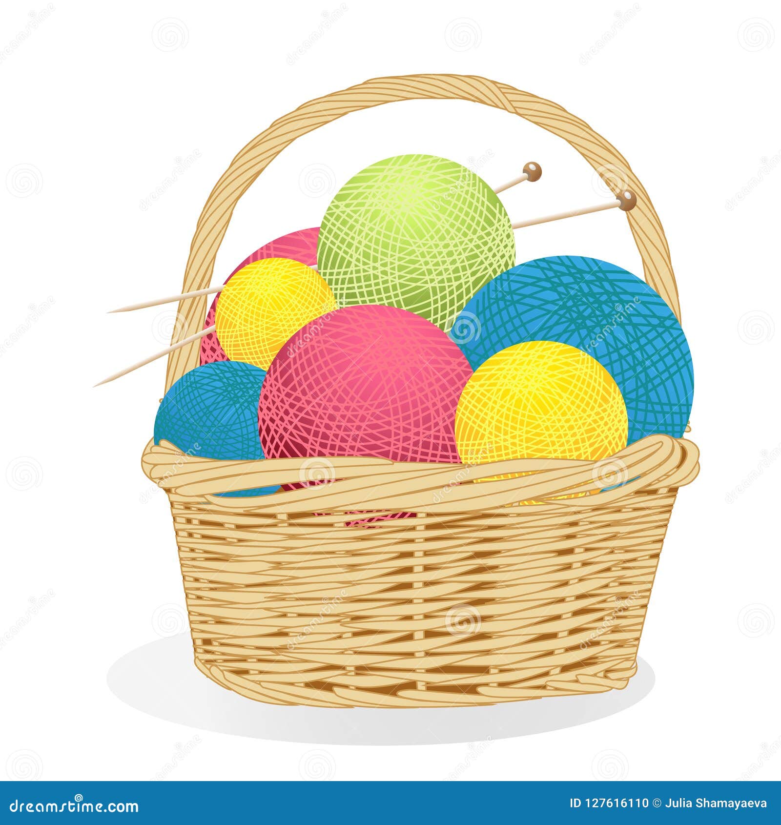 Basket with Colored Balls of Yarn and Knitting Needles Stock Vector ...