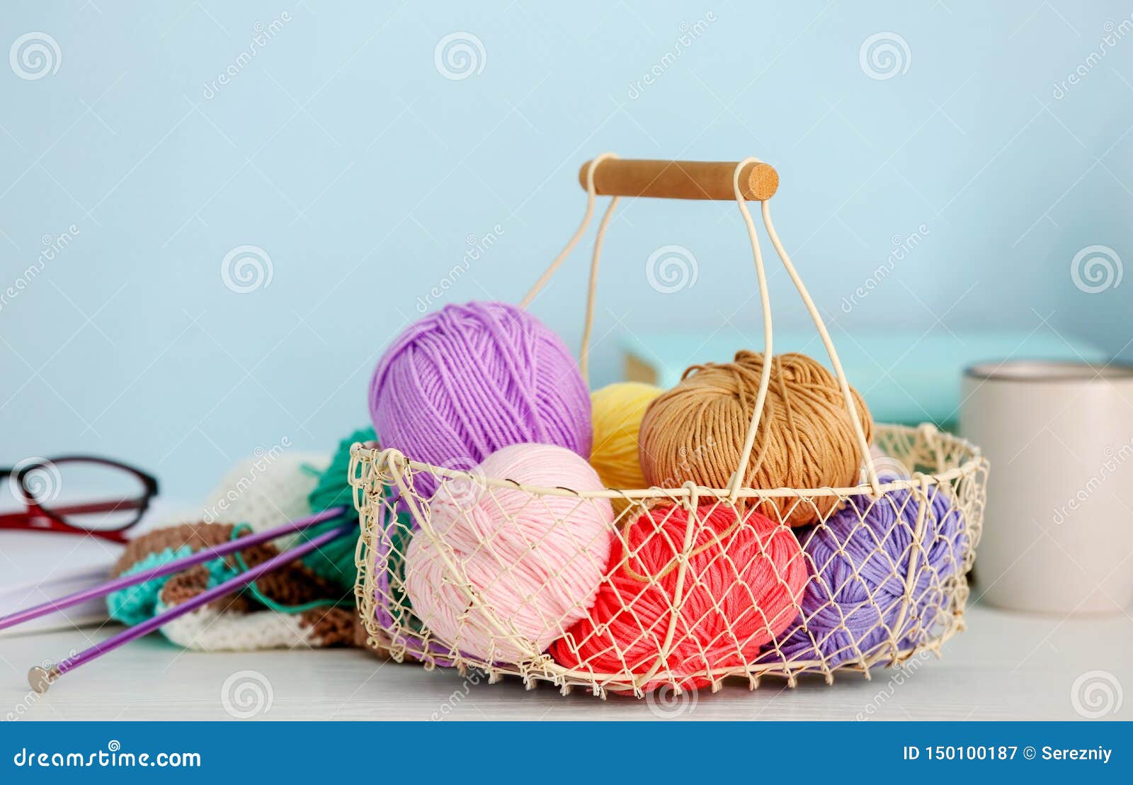 Basket with Colorful Knitting Yarns on Table Indoors Stock Image ...