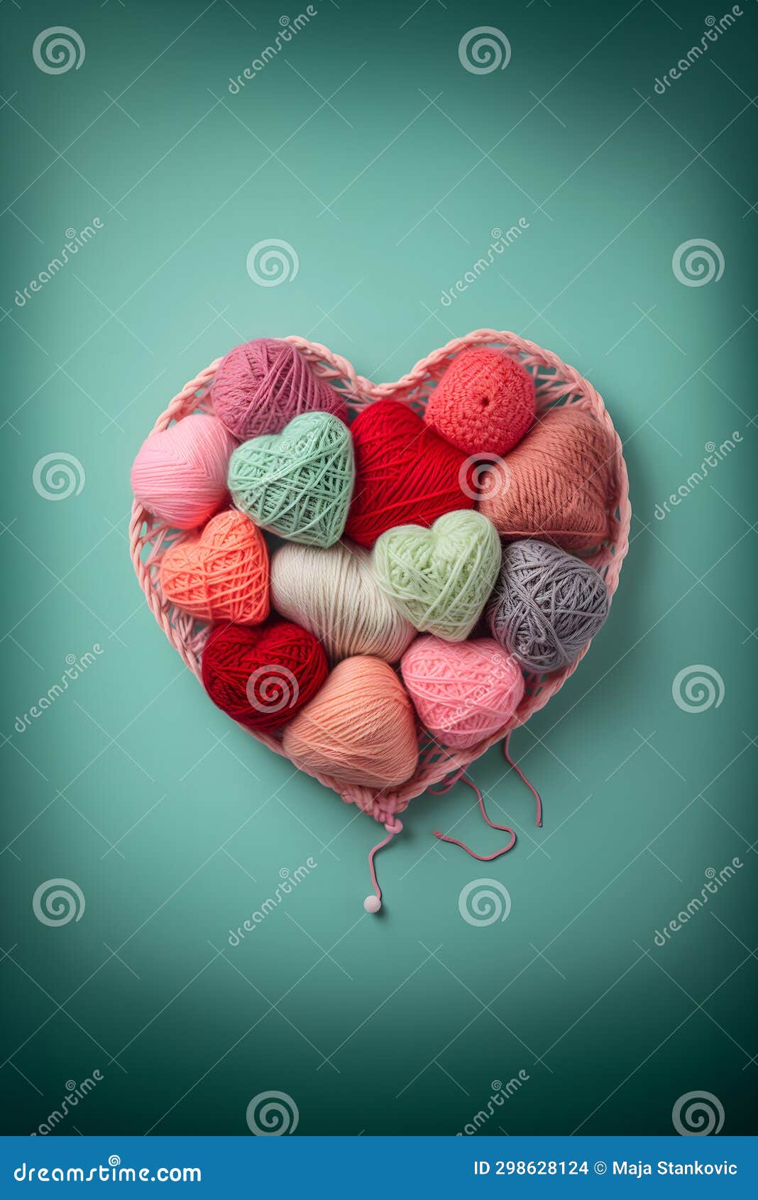 Basket with Colorful Yarn for Knitting in a Heart Shape, Pastel ...