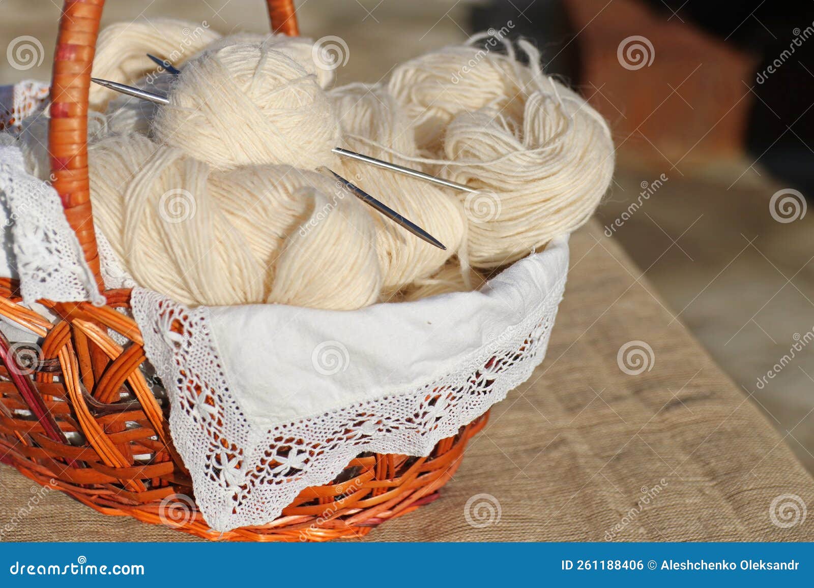 The Basket Contains Knitting Threads, Knitting Needles and a Ball of ...