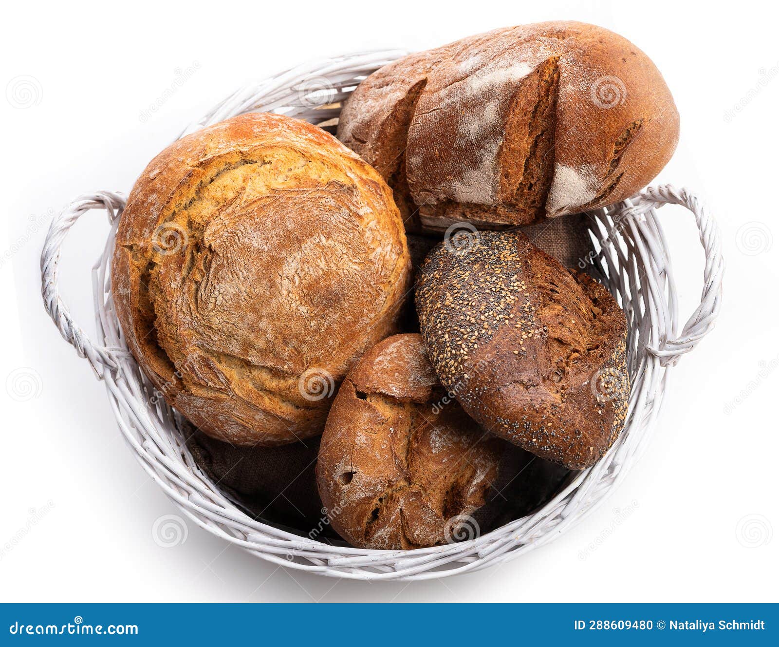 Basket with Different Kinds of Bread Top View. Isolate Stock Photo ...
