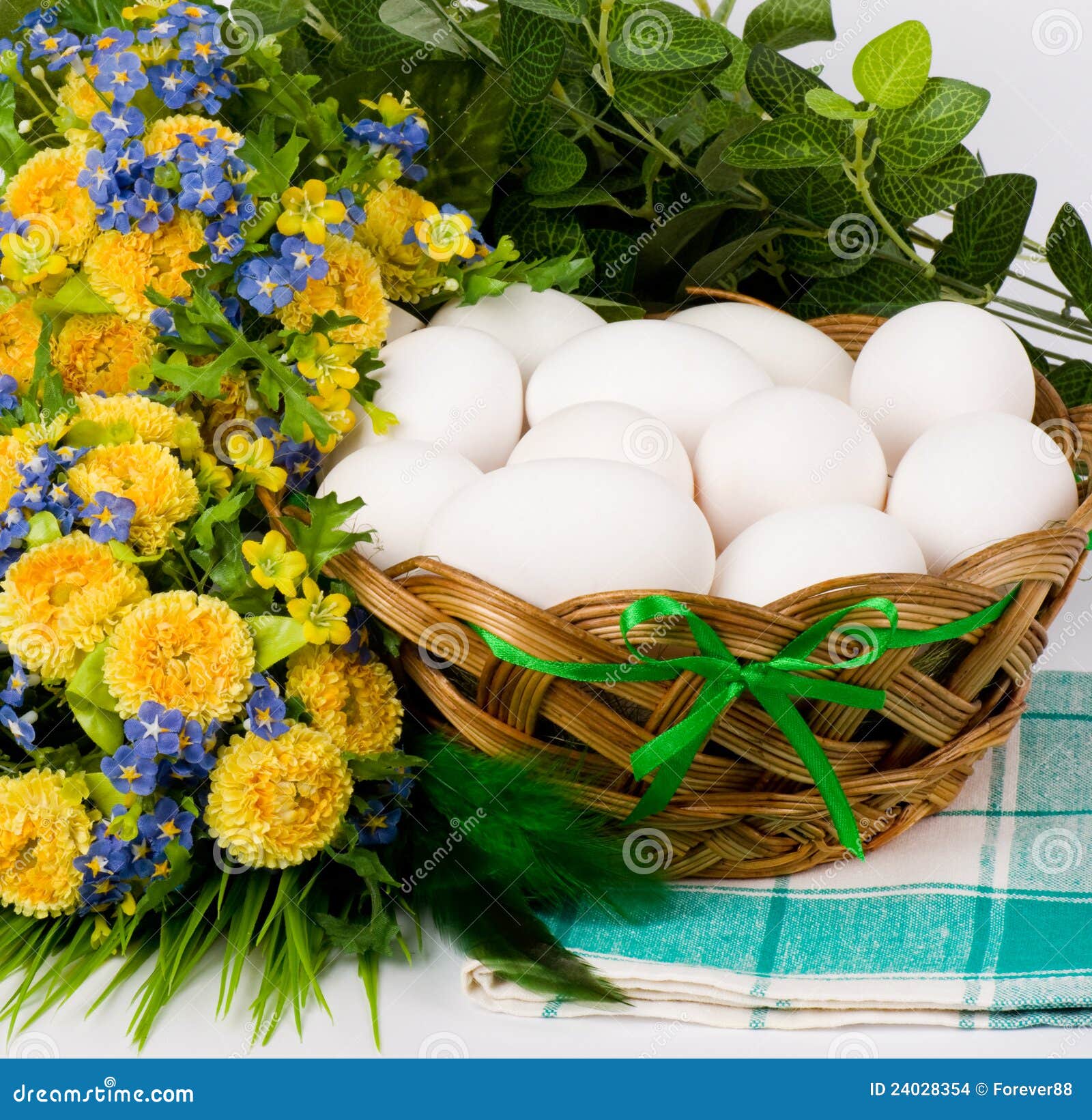 Basket with Easter Eggs and Spring Flowers Stock Photo - Image of ...