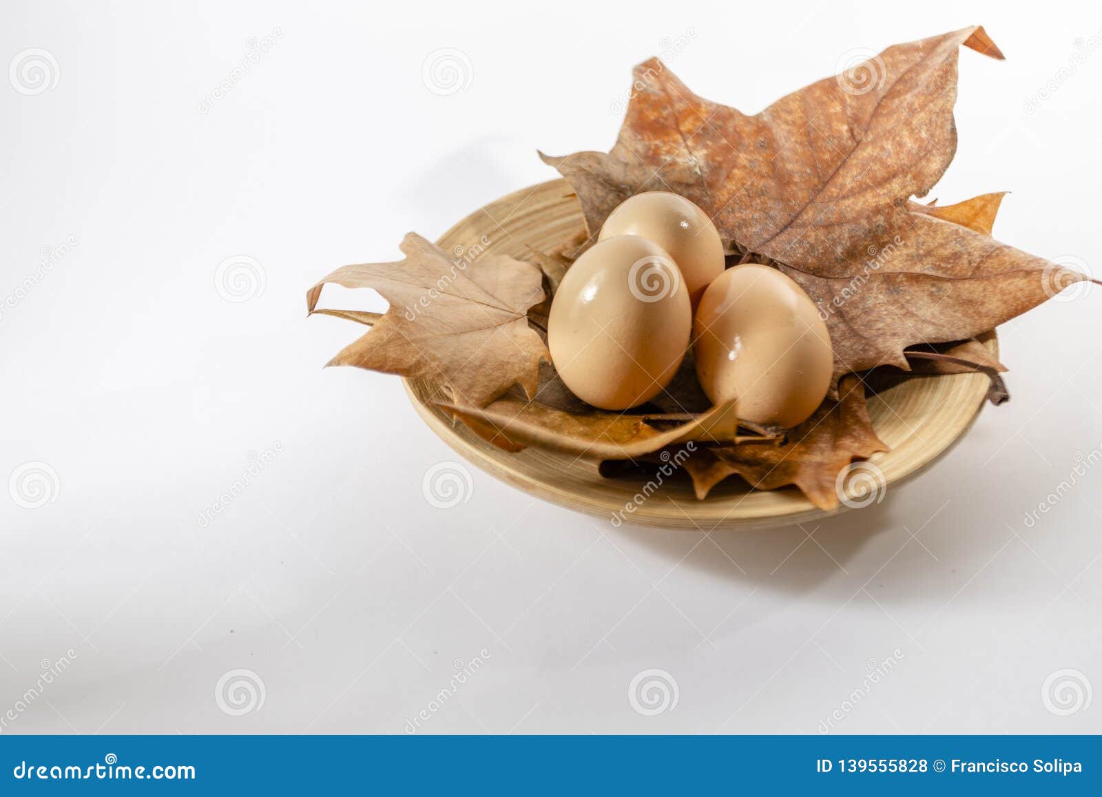 Basket of Eggs on White Farm Background with Autumn Leaves Stock Photo ...
