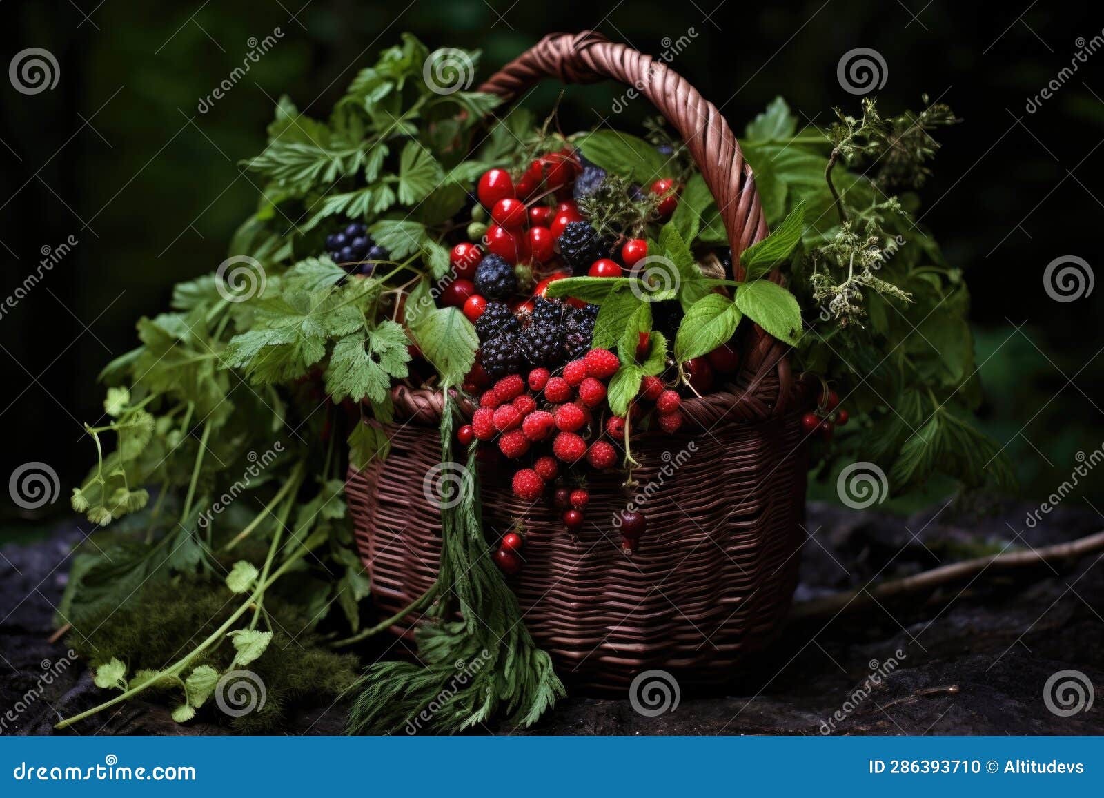 Basket Filled with Foraged Berries and Herbs Stock Photo - Image of ...