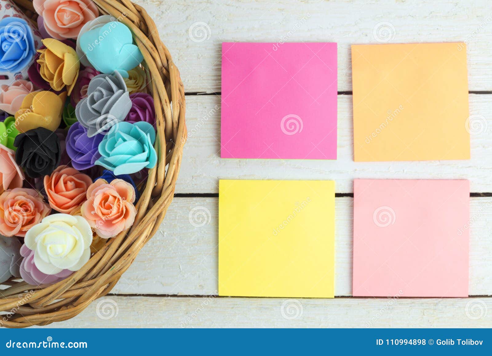 Basket Flowers and Empty Paper Sticky Notes for Text Stock Photo ...