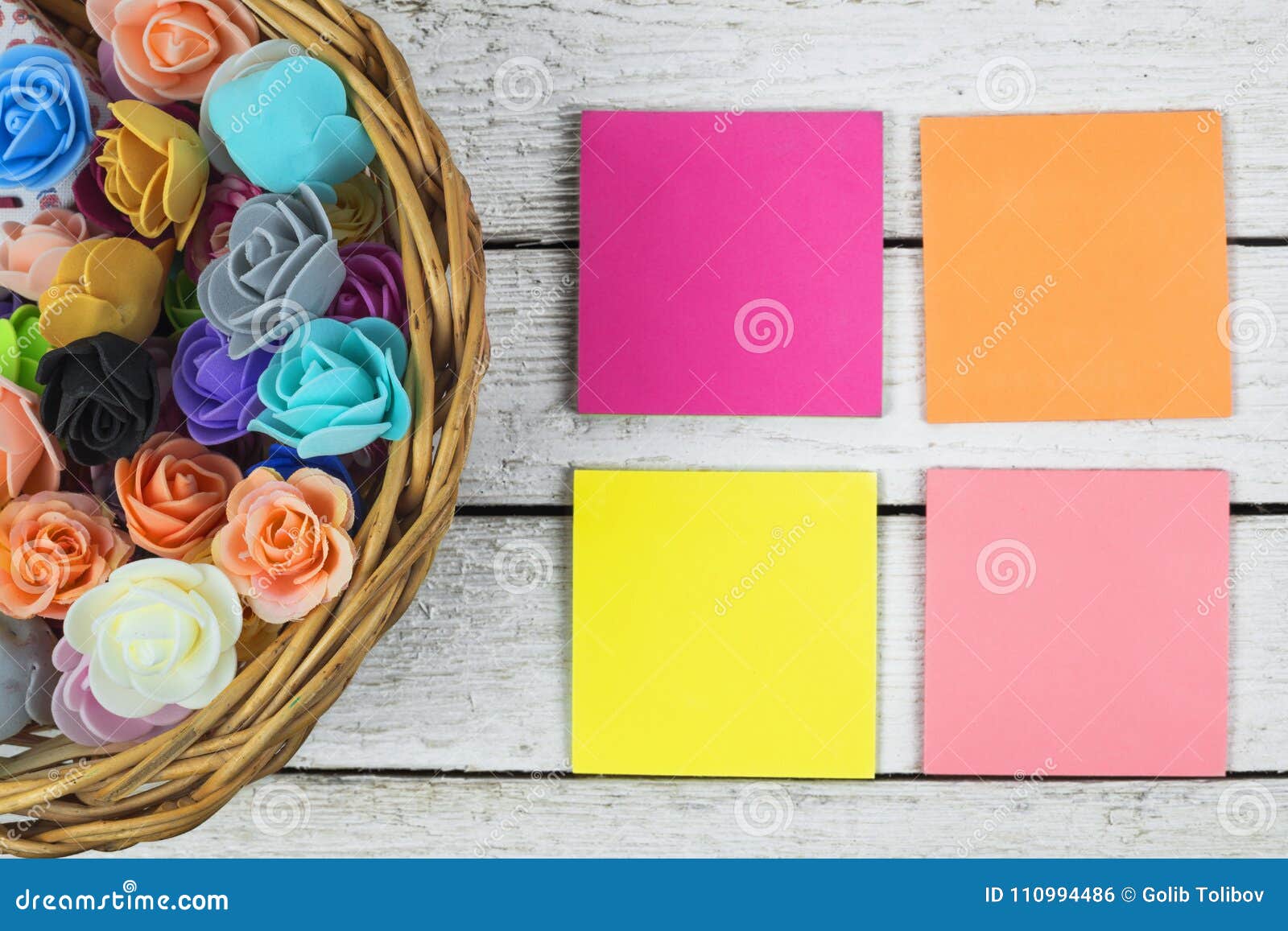 Basket Flowers and Empty Paper Sticky Notes for Text Stock Photo ...