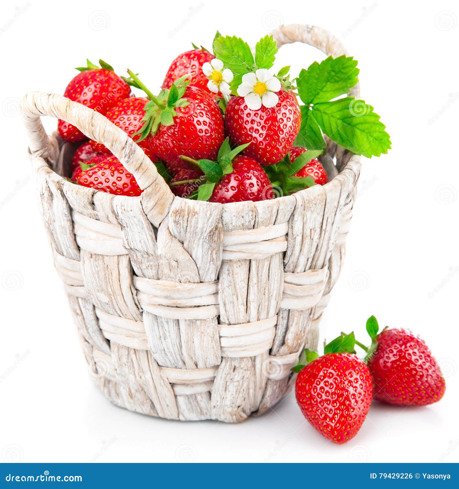 Basket Fresh Strawberry with Green Leaf and Flower Stock Photo - Image ...