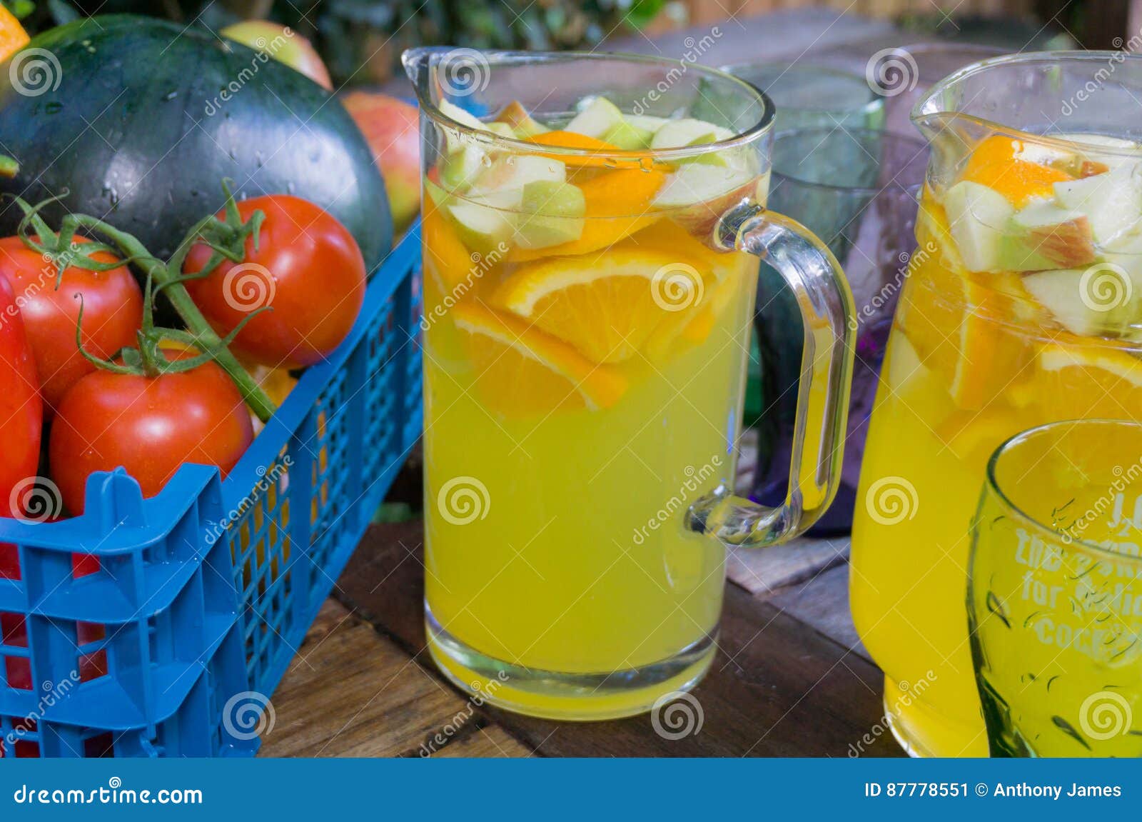 Basket of Fruit with Jug of Orange Squash. Stock Image - Image of ...