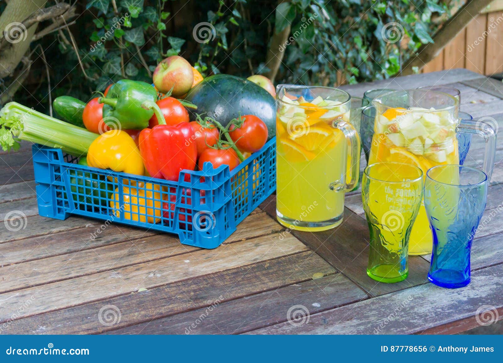 Basket of Fruit with Jug of Orange Squash. Stock Photo - Image of ...