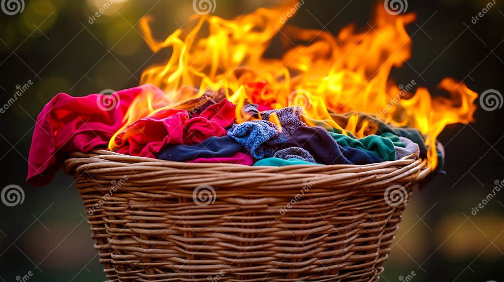 A Basket Full of Clothes on Fire with a Blurred Background Stock Image ...