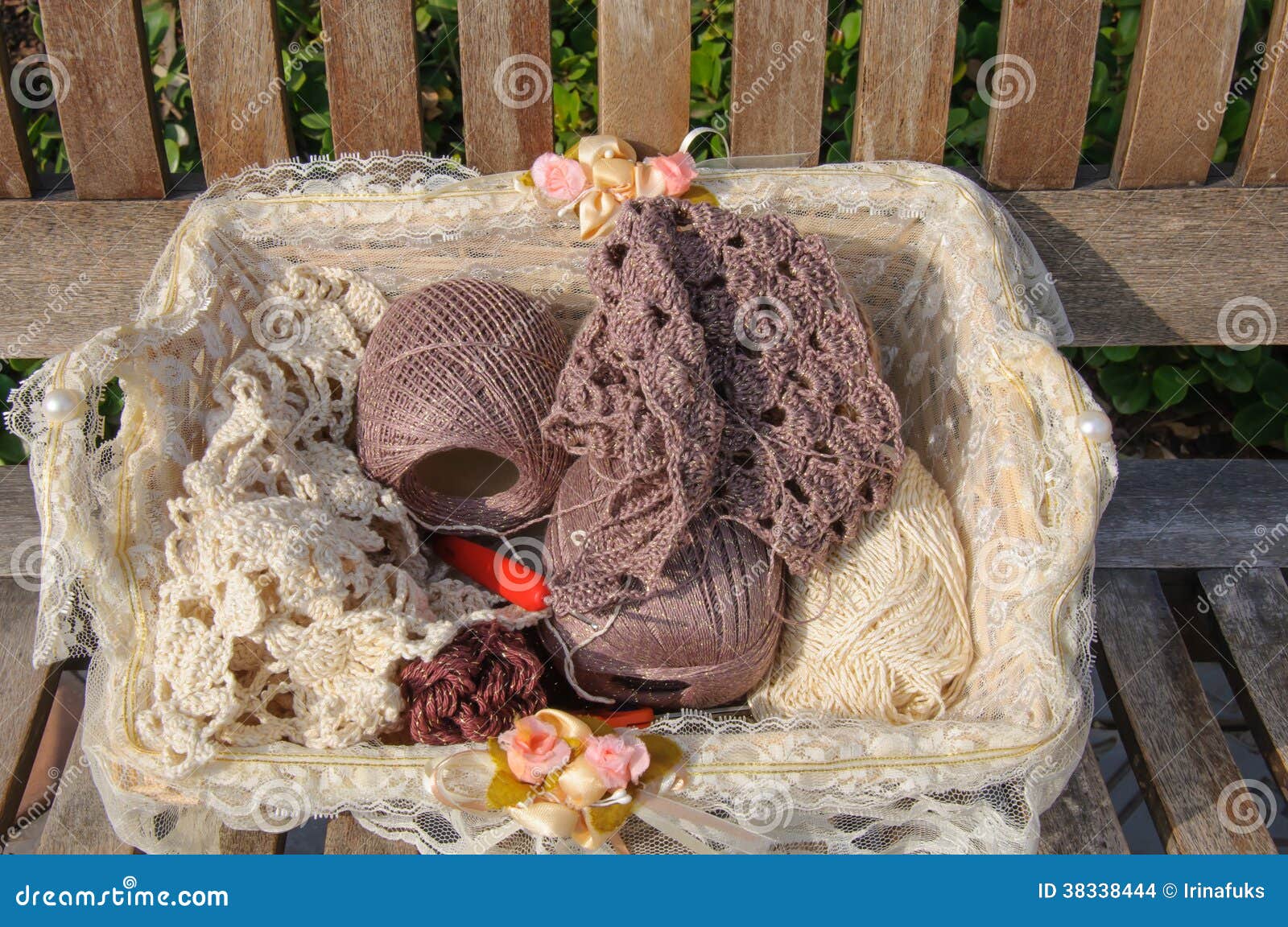 Basket of Knitting and Yarns on a Bench Stock Photo - Image of bench ...