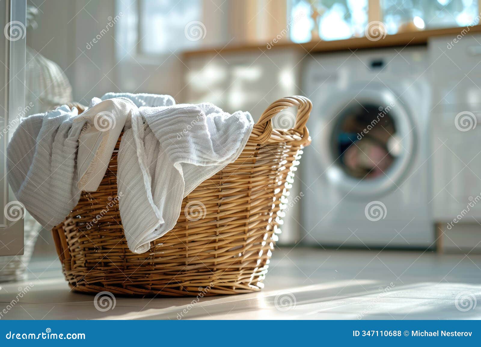 Basket with Laundry on the Background of a Washing Machine Stock Photo ...