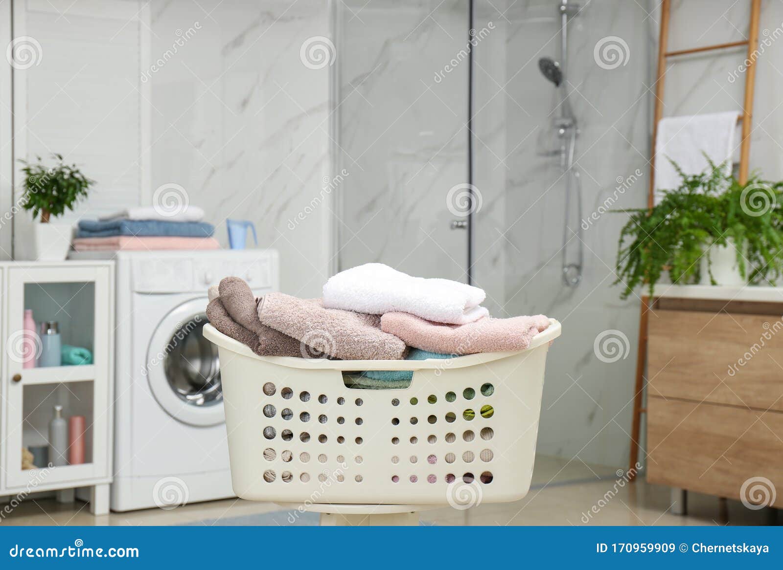 Basket with Laundry and Washing Machine Stock Image - Image of fabric ...