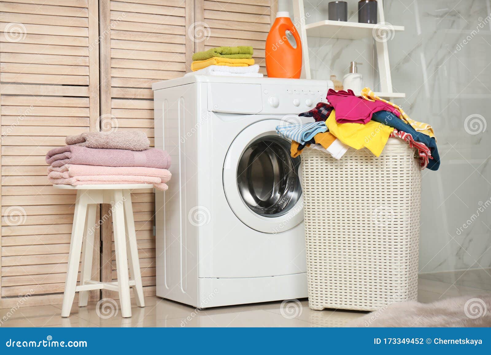 Basket with Laundry and Washing Machine Stock Photo - Image of hygiene ...
