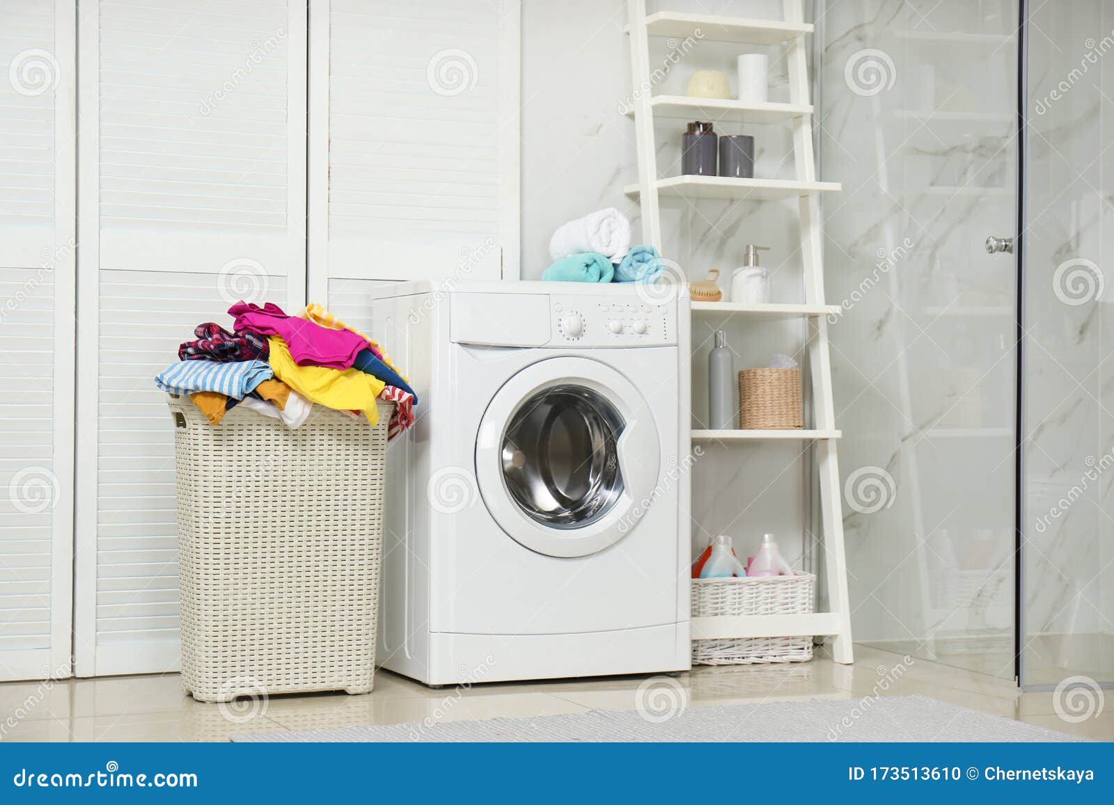 Basket with Laundry and Washing Machine Stock Photo - Image of interior ...