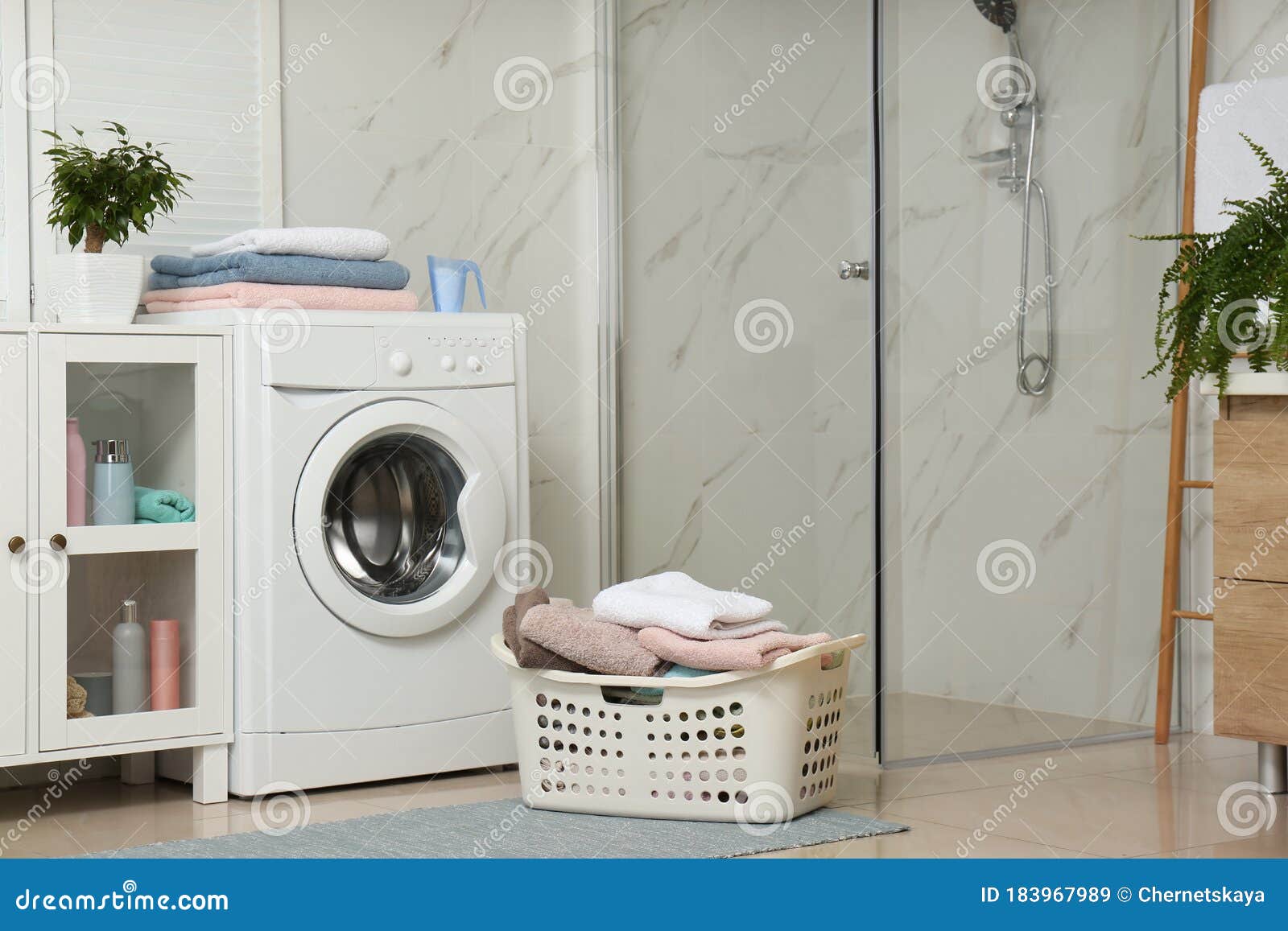 Basket with Laundry and Washing Machine Stock Image - Image of ...