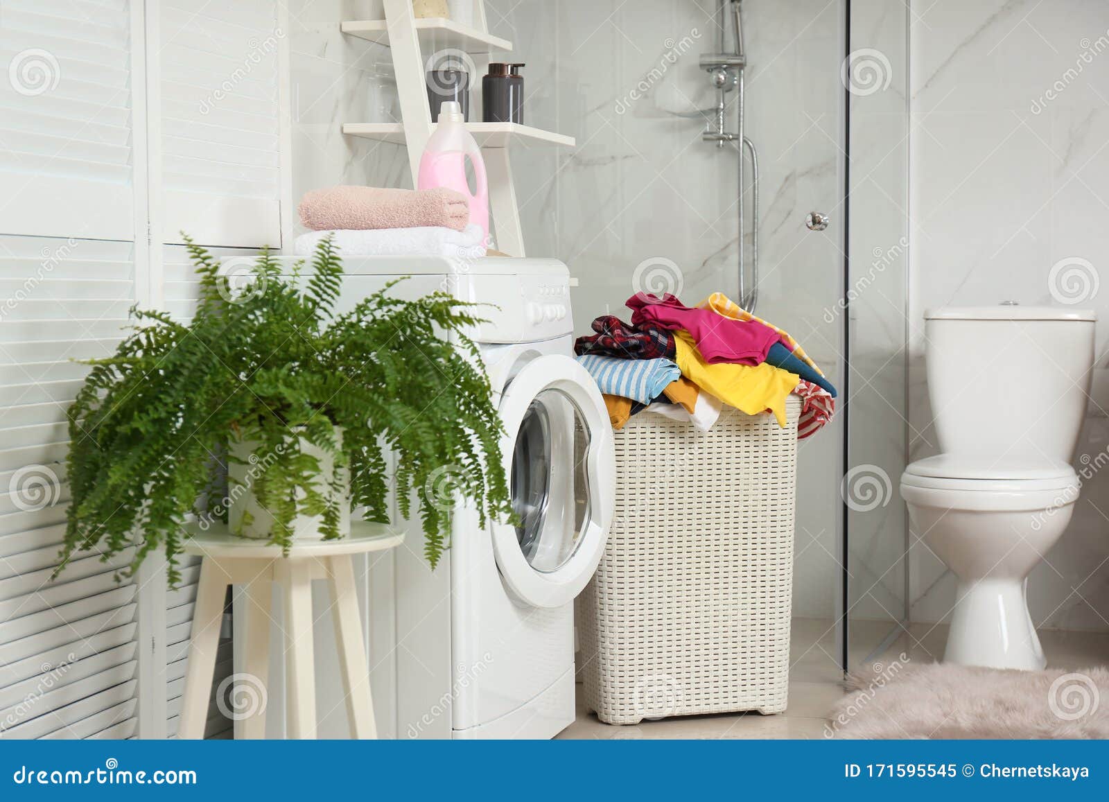 Basket with Laundry and Washing Machine Stock Image - Image of floor ...