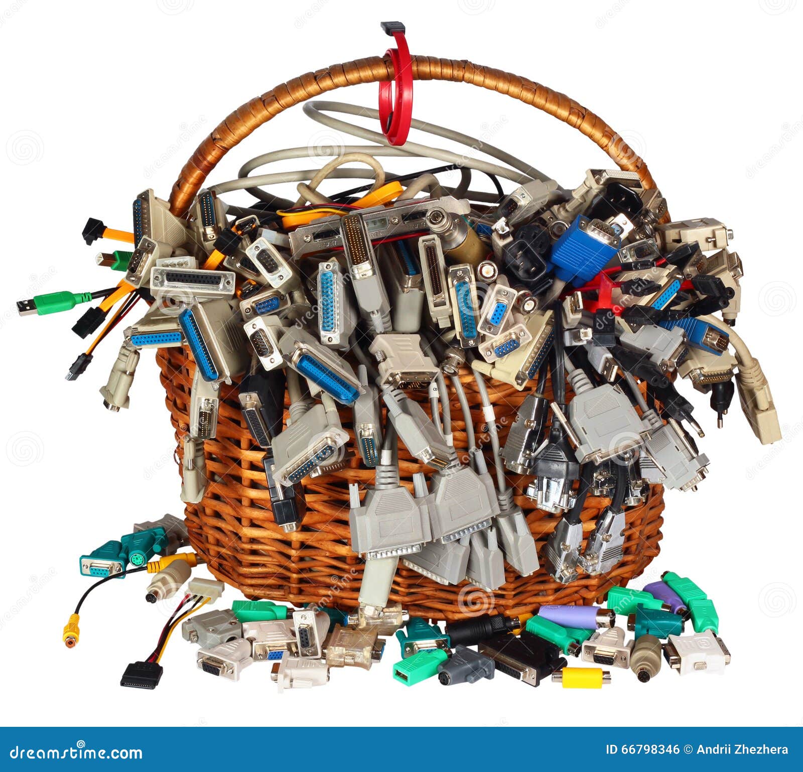 Basket with Many Different Computer Cables Wires Connectors Sock Stock ...