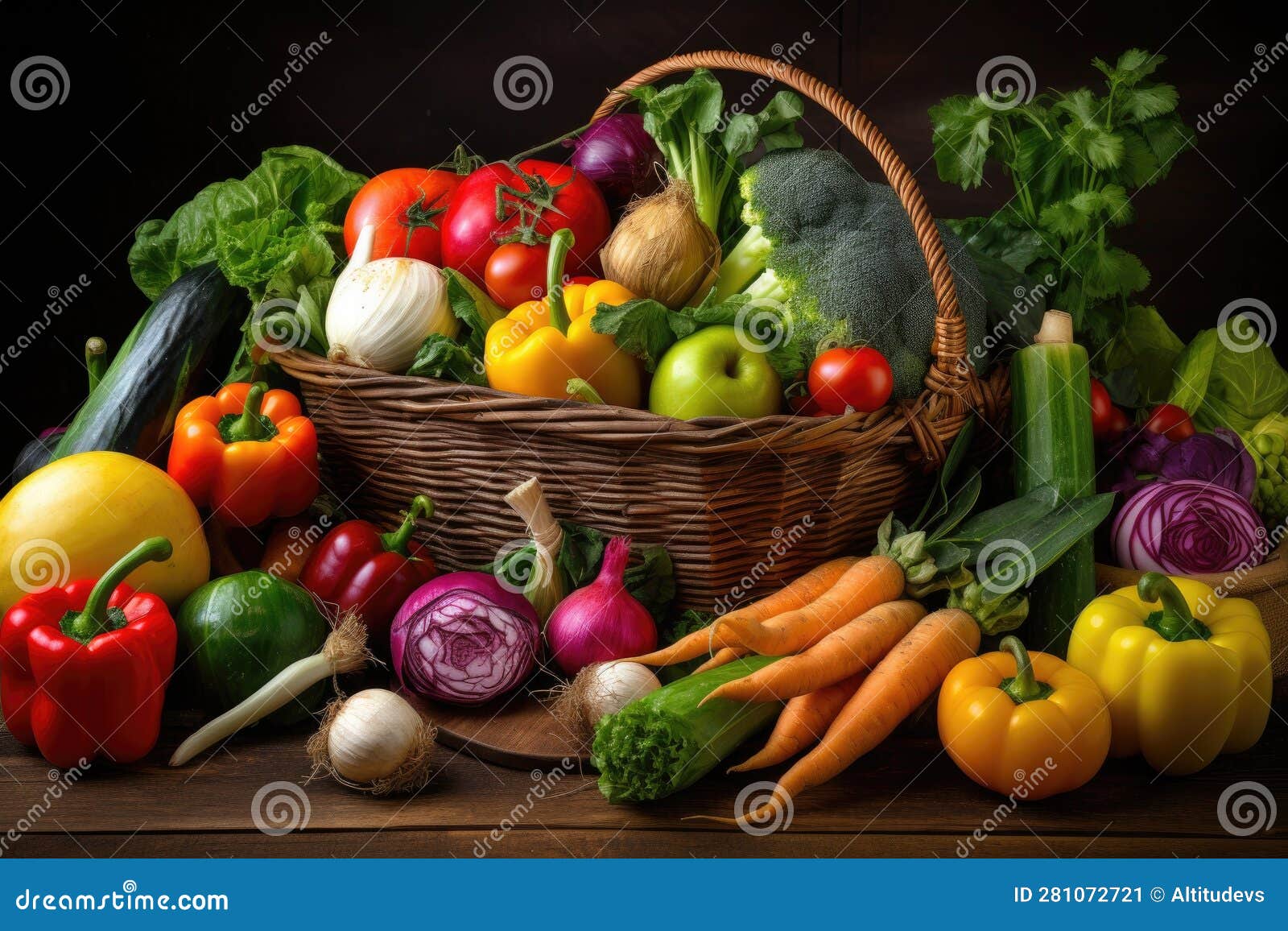 Basket Overflowing with Colorful Fruits and Vegetables Stock ...