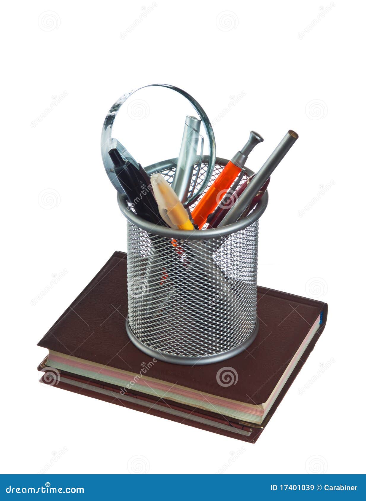 Basket with Pencils and Pens on the Book Stock Image - Image of wire ...