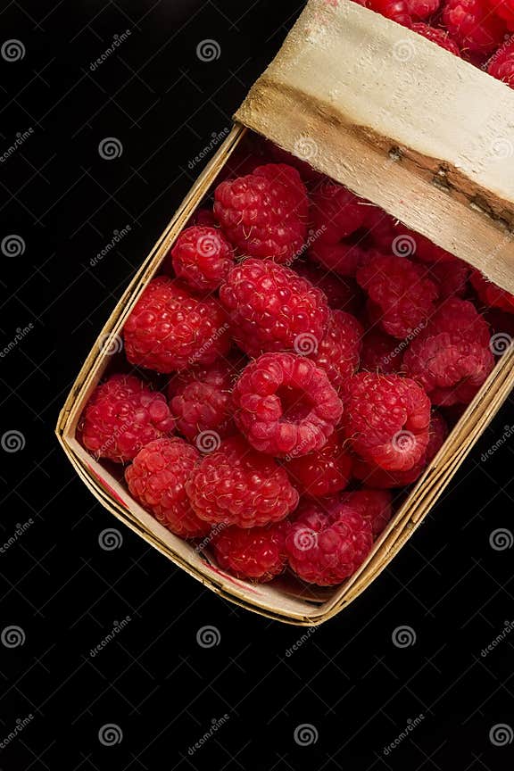 Basket with Raspberries on Black Background Stock Image - Image of ...