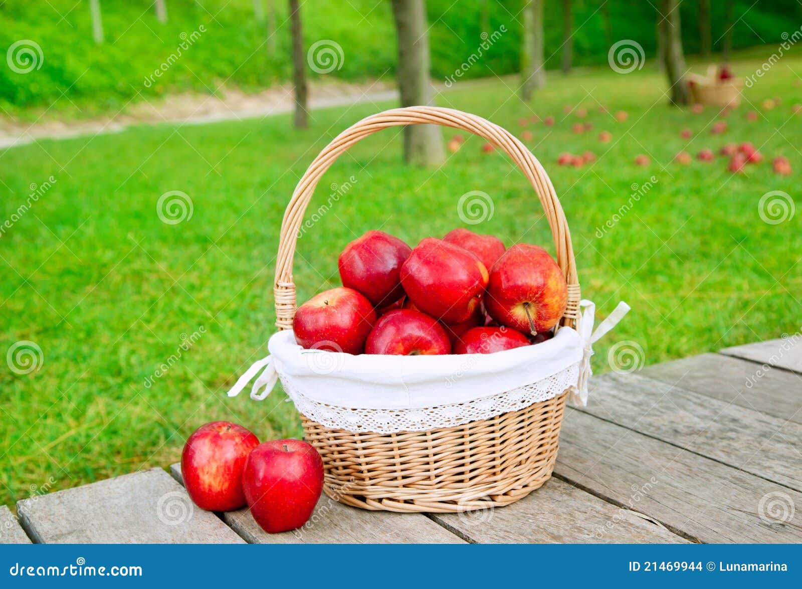Basket of Red Apples on Wood Floor Stock Photo - Image of field, grass ...