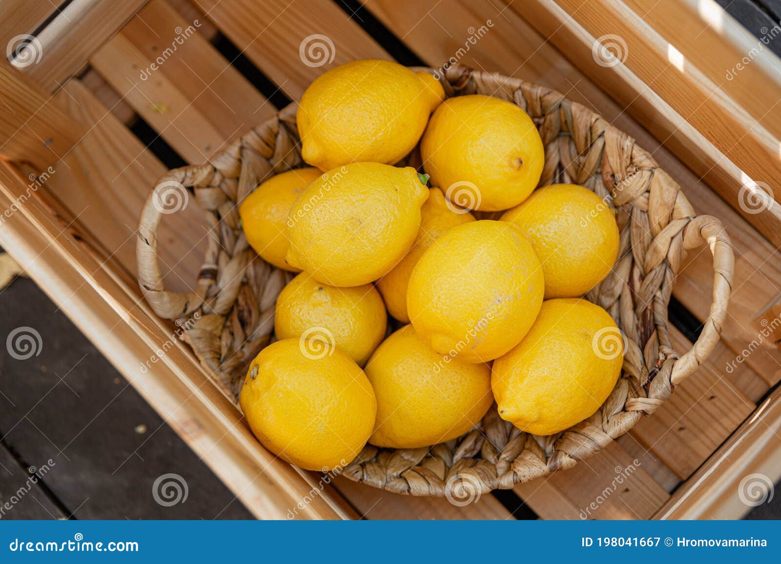 A Basket with Ripe Lemons in a Wooden Box Stock Image - Image of ...