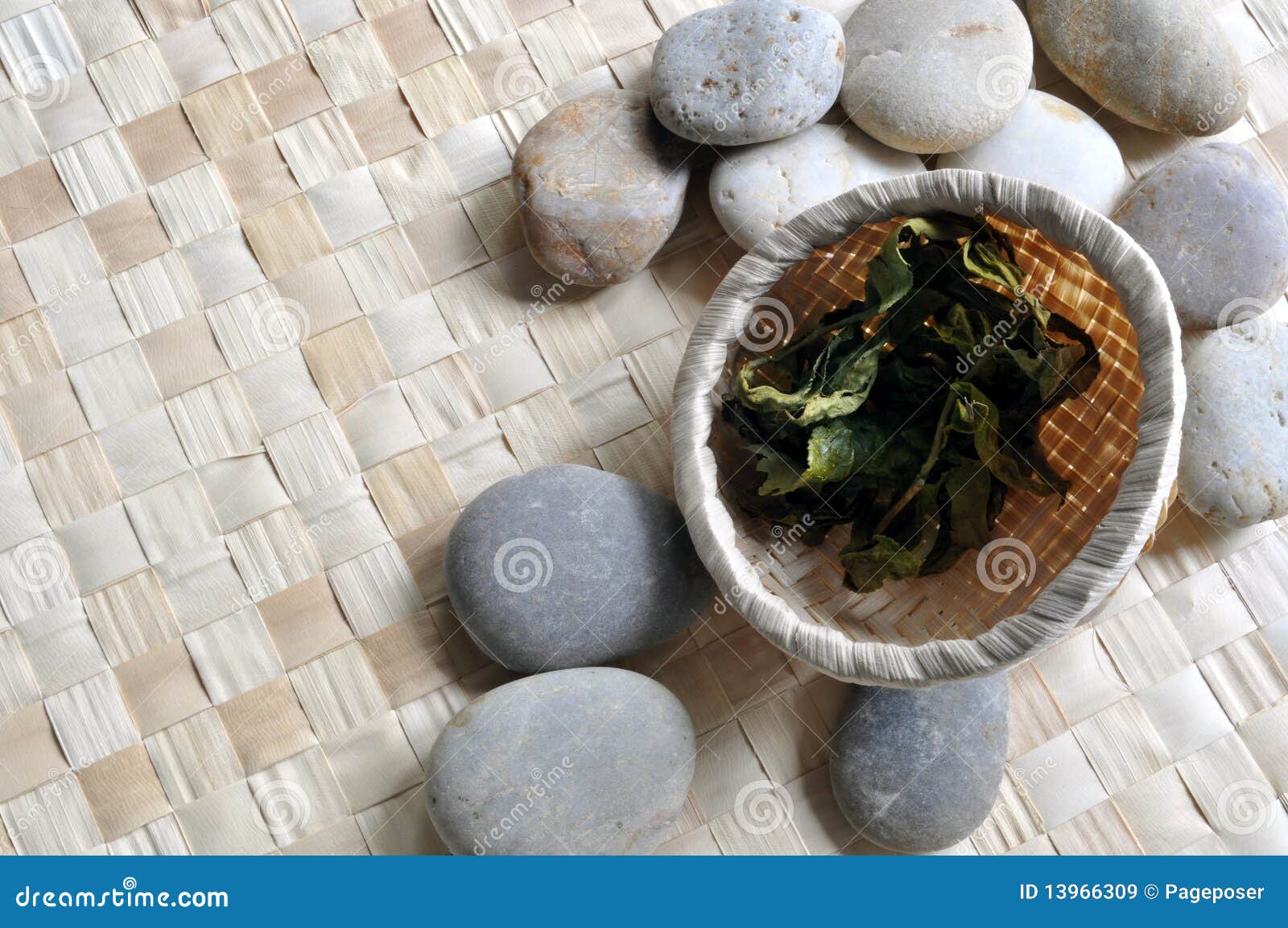 Basket of Tea Leaves on Pebbles Stock Image - Image of bamboo, pebble ...