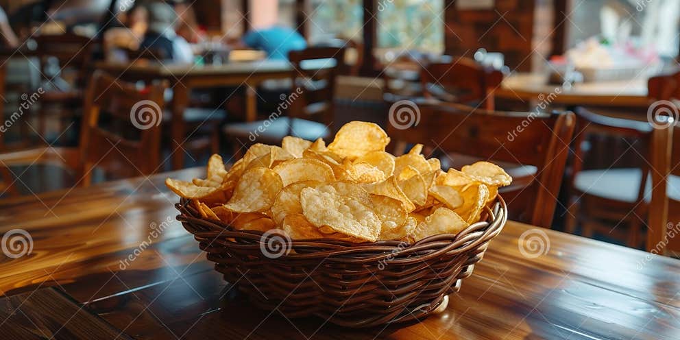 A Basket of Thin Crispy Chips on a Table in a Cafe Close-up with Copyspace Stock Image - Image ...