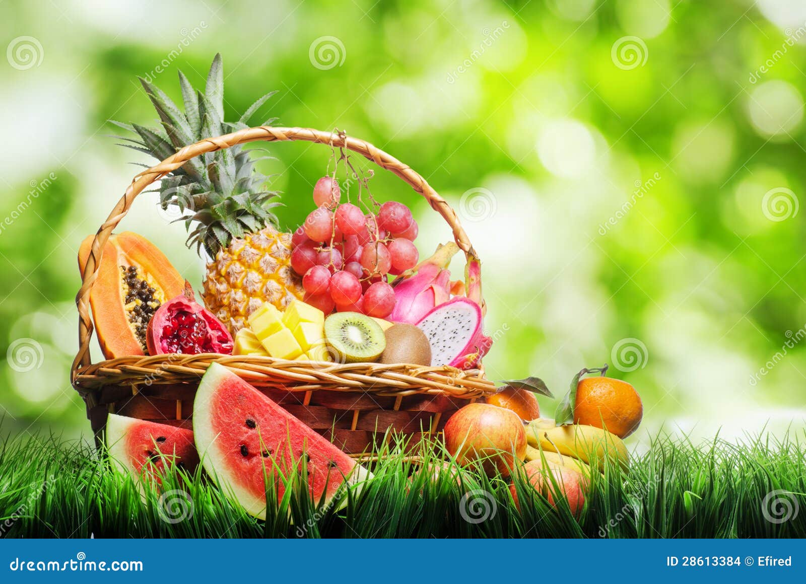 Basket of Tropical Fruits on Green Grass Stock Photo - Image of fresh ...