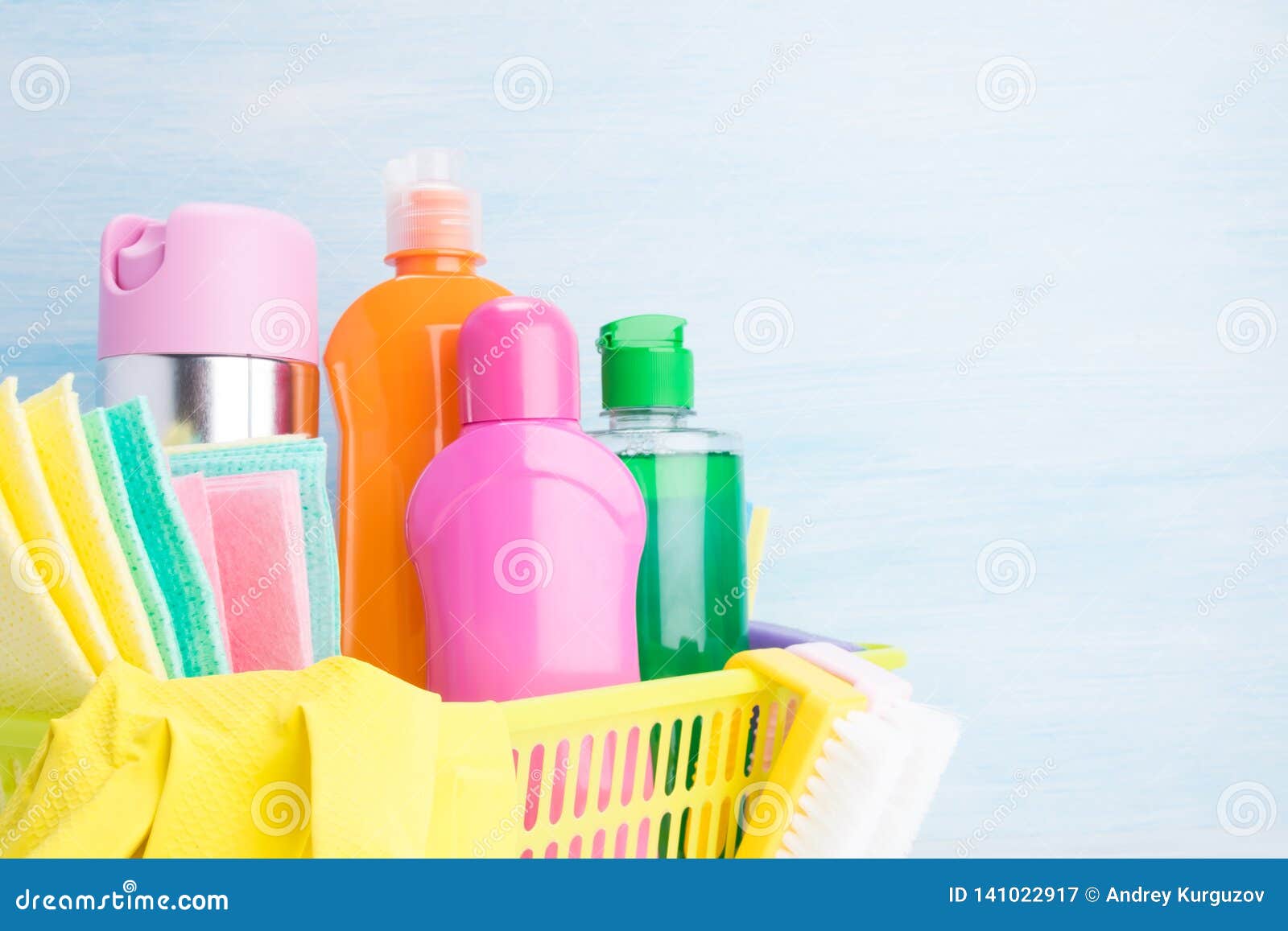 Basket with Various Cleaning Tools on a Light Background Stock Image ...