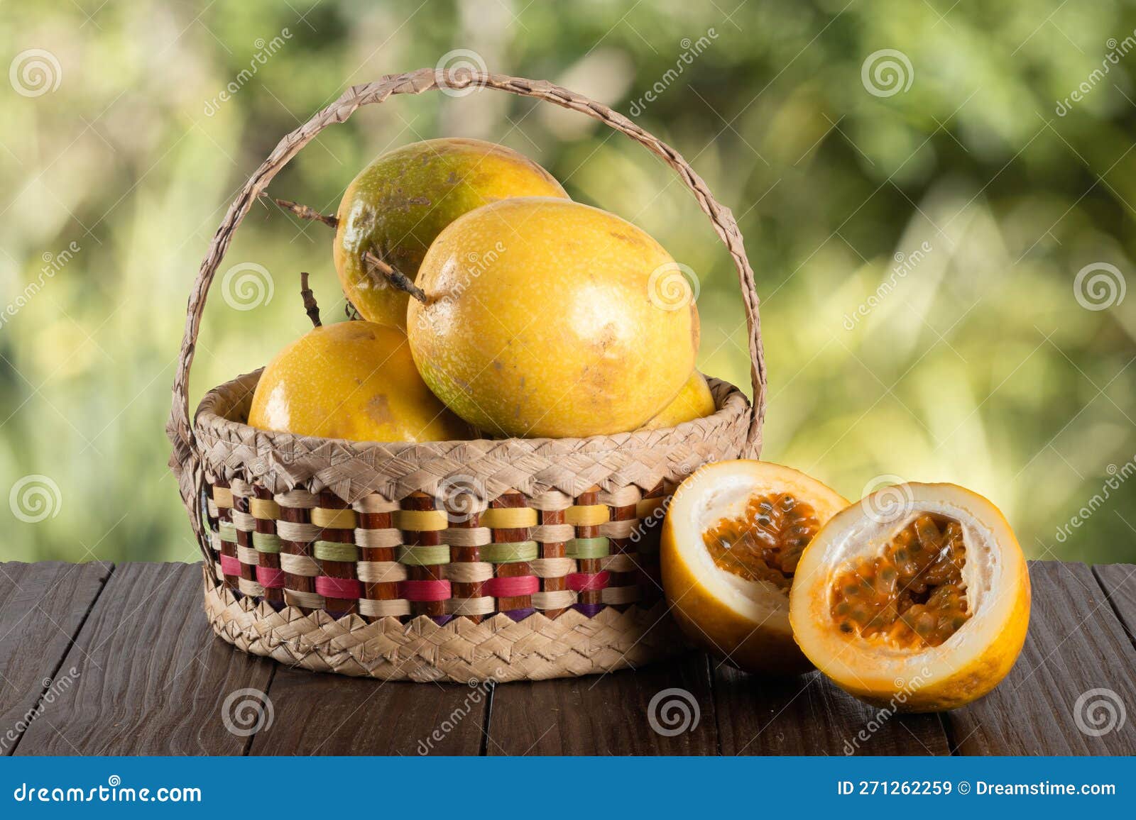 Basket with Yellow Ripe Passion Fruit with Blurred Green Background ...