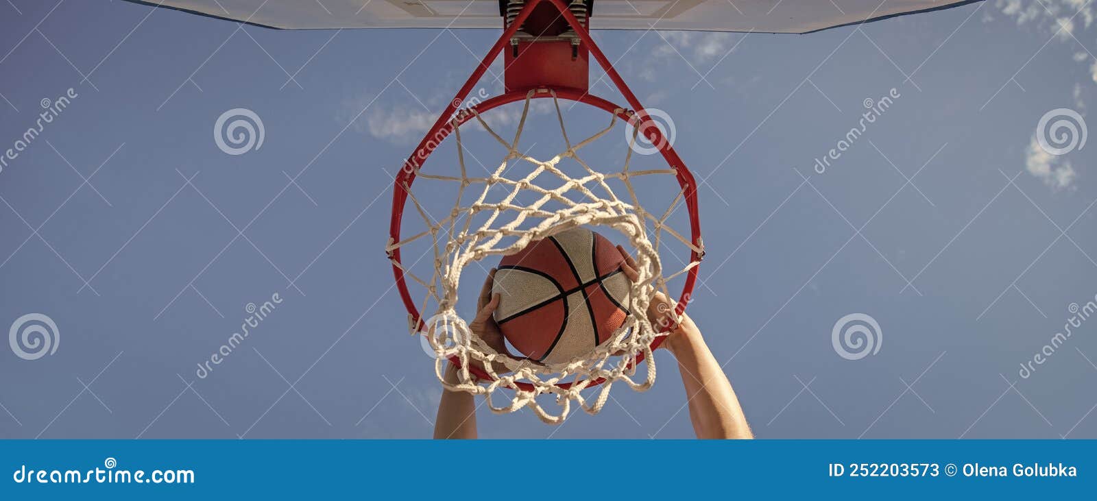 Basketball Ball Dunk through Net Ring with Hands, Winning Stock Image ...