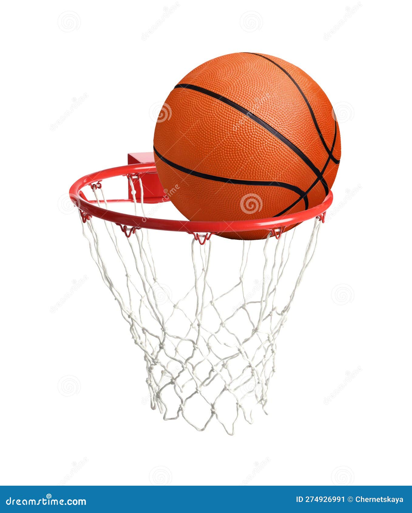 Basketball Ball Falling into Hoop with Net Isolated on White Stock ...