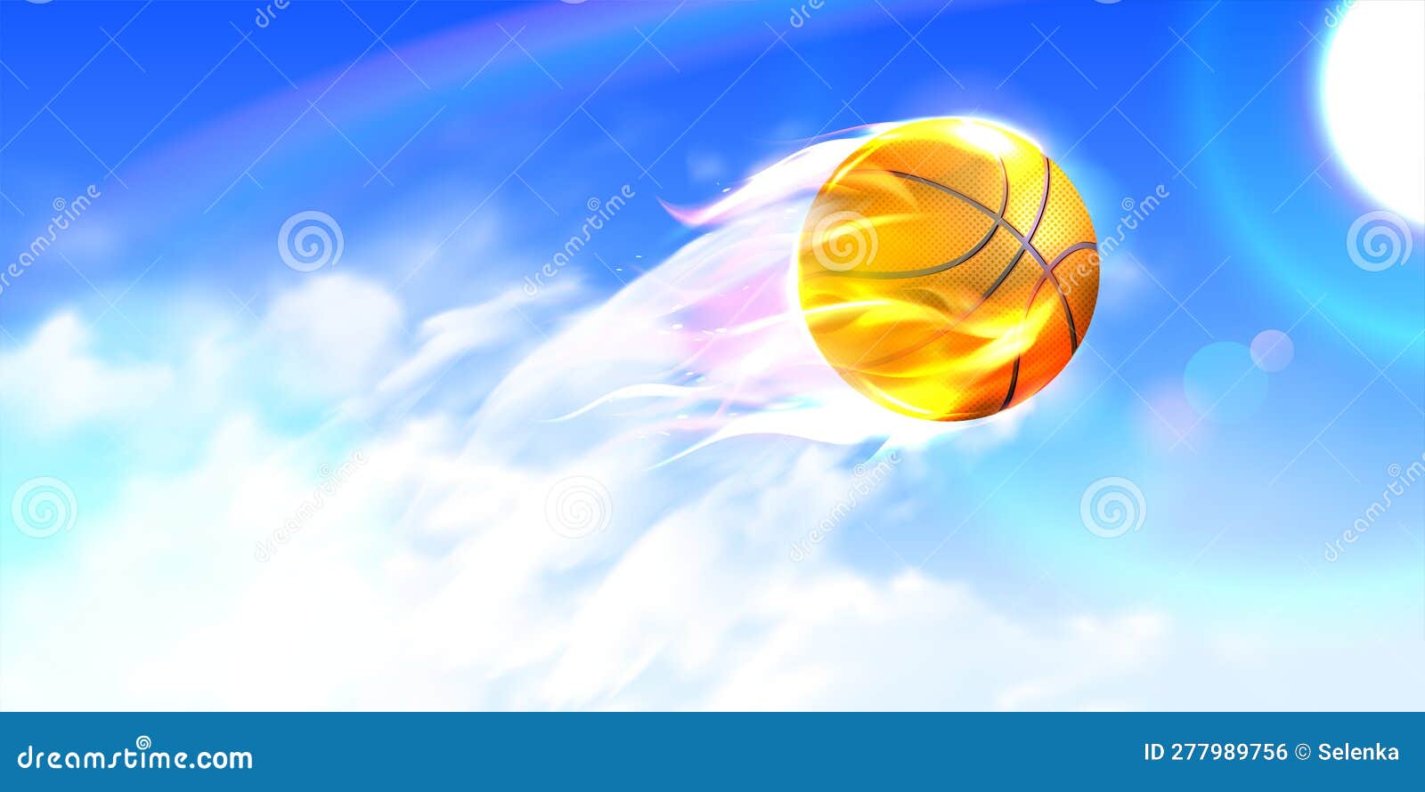 Basketball Ball Fast Fly in a Sky with Fiery Flames Stock Illustration ...
