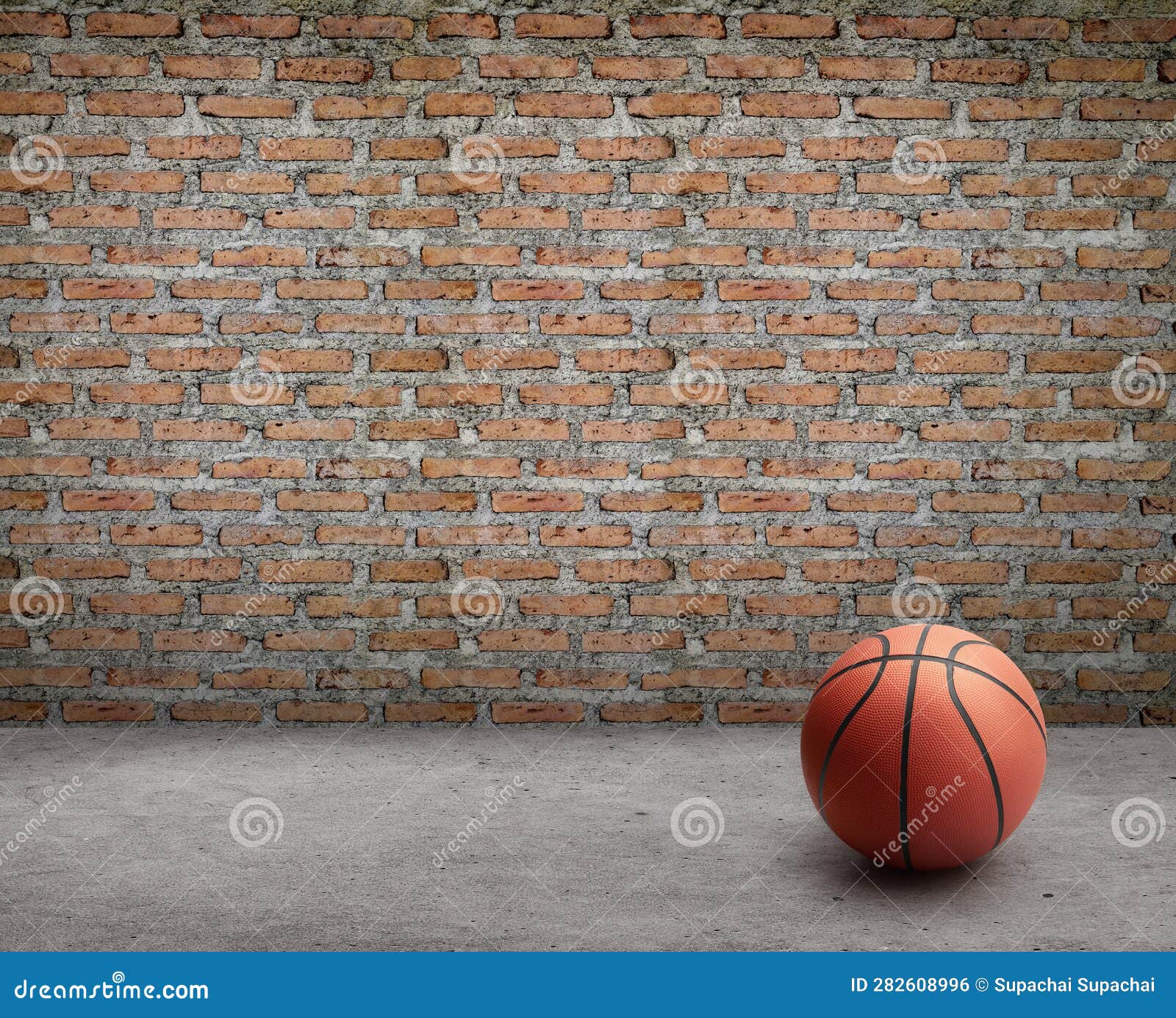 Basketball Ball in Room with Brick Wall and Cement Floor Stock ...