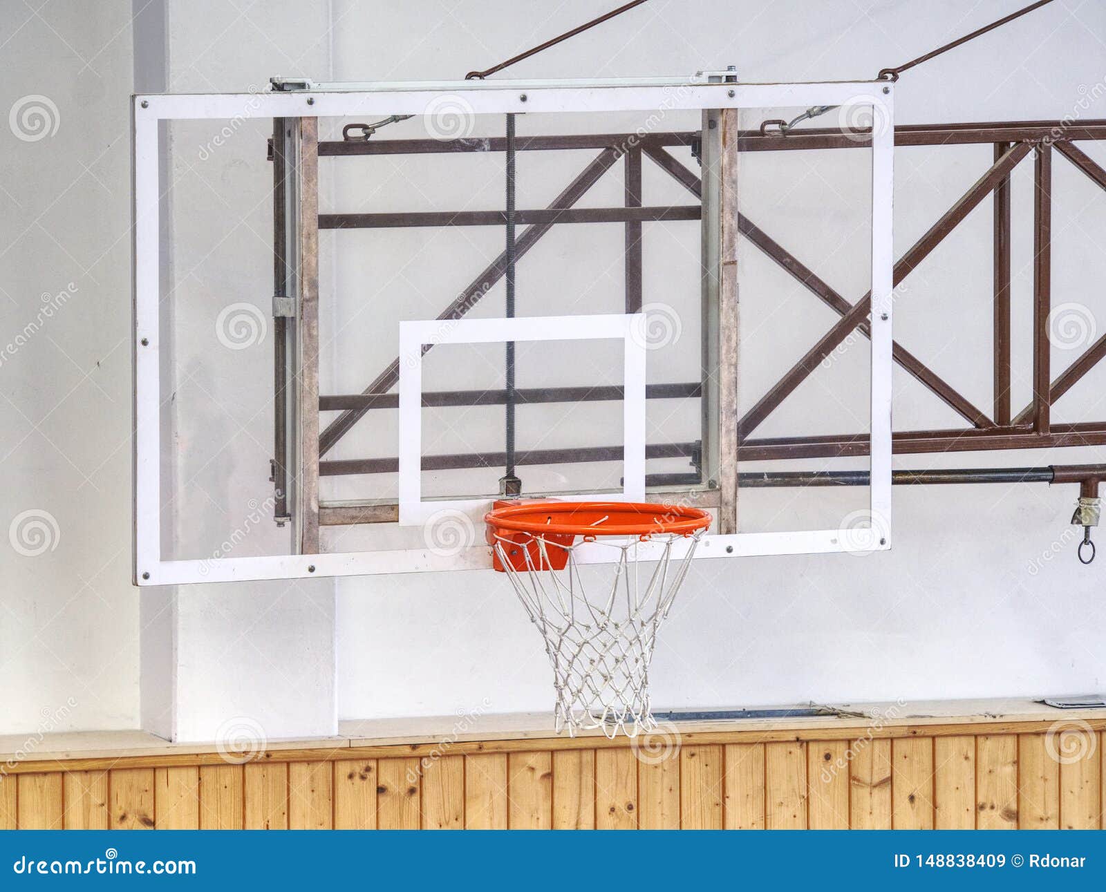Basketball Basket on Frame. School Gym with Basketball Board Stock ...